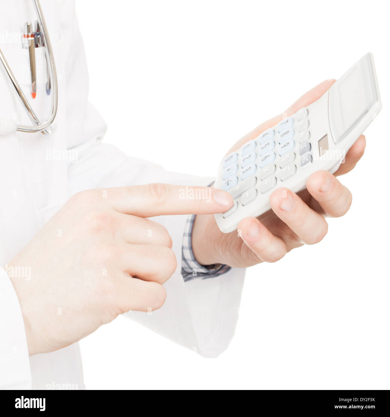 Medical doctor with a calculator in his left hand calculating costs and ...