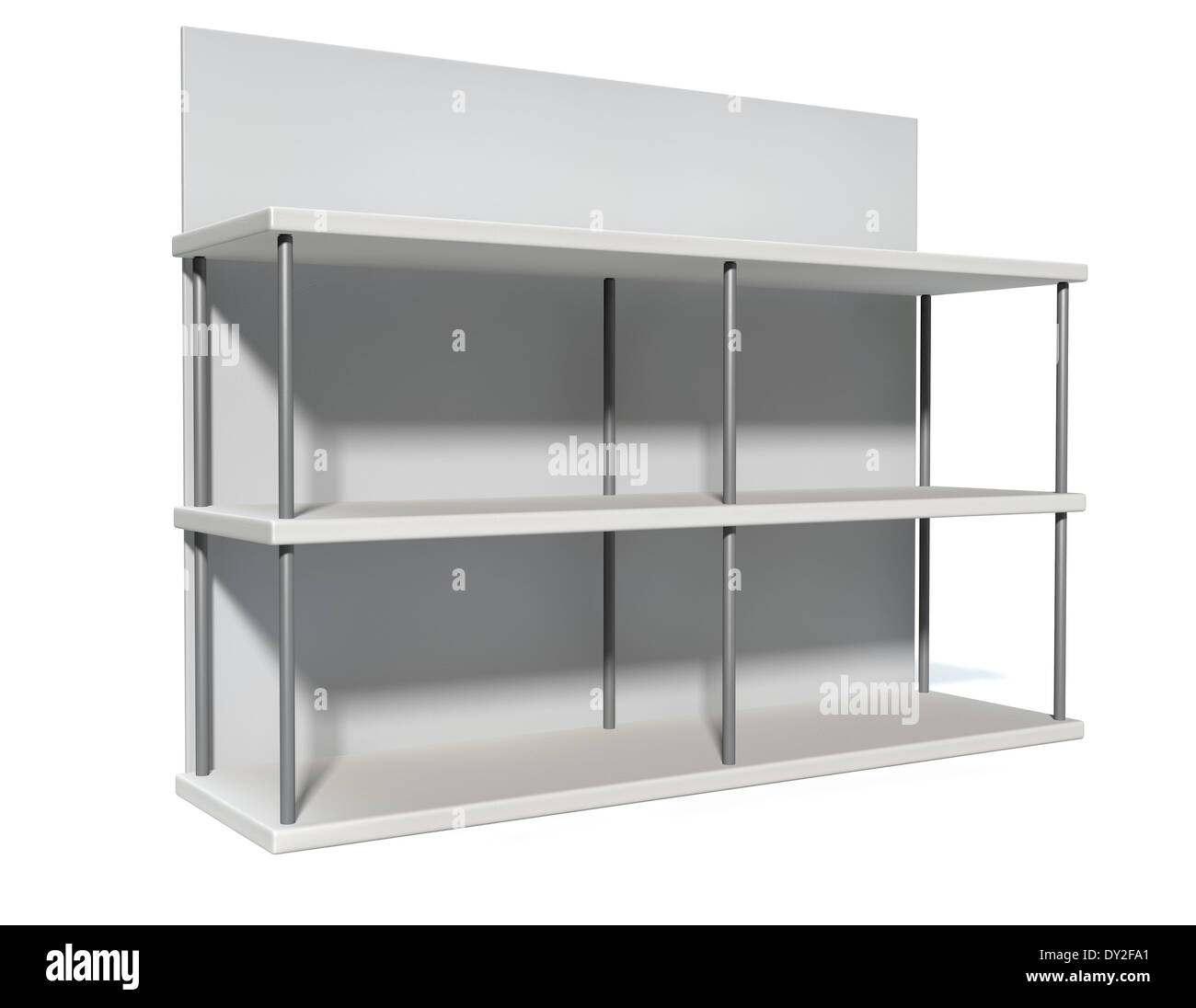 A rendered metal freestanding shelf with a blank backing board on an ...