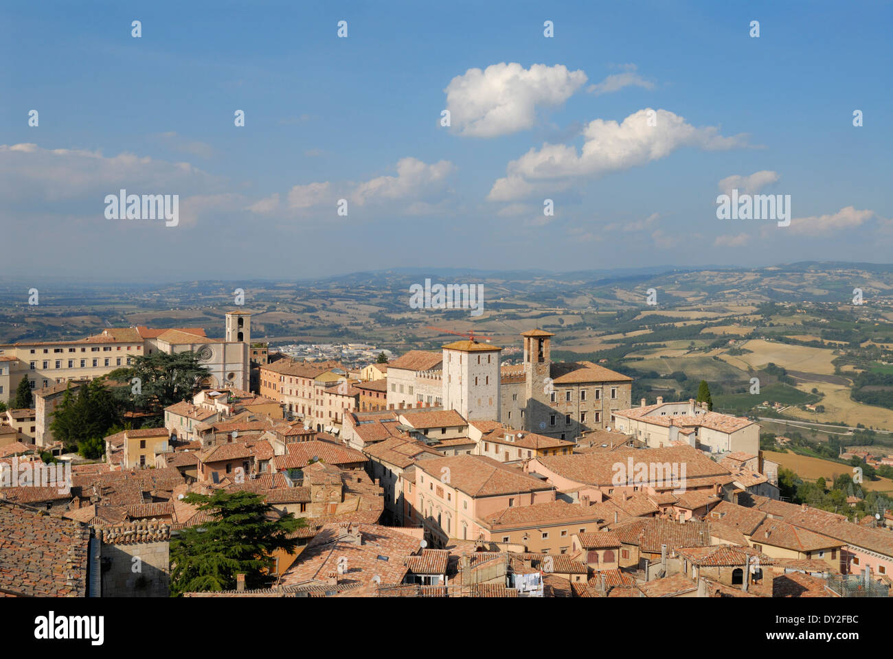Todi. Umbria. Italy. View across rooftops and the Umbrian countryside ...