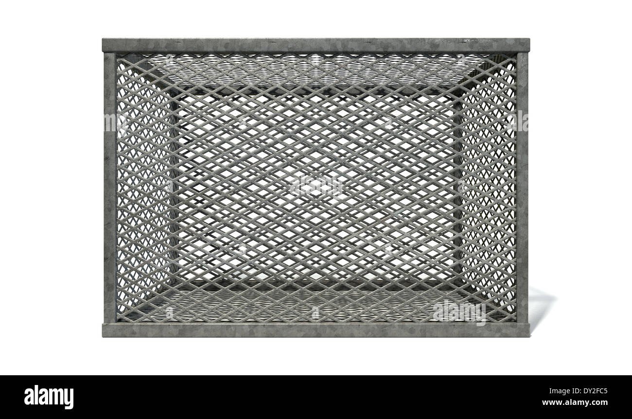 A rectangular steel cage covered in diamond mesh wiring on an isolated ...