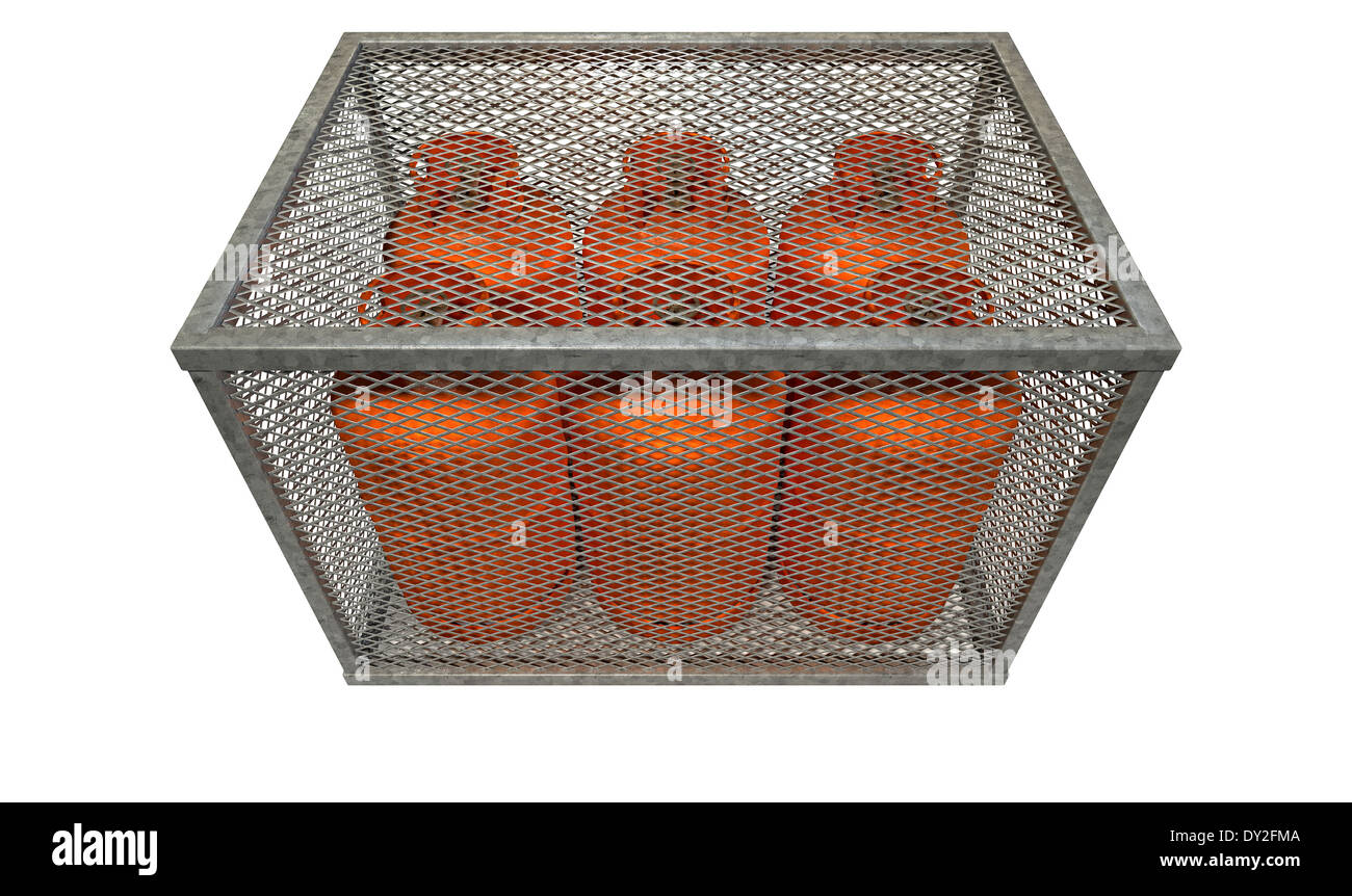 A rectangular steel cage covered in diamond mesh wiring with orange gas ...