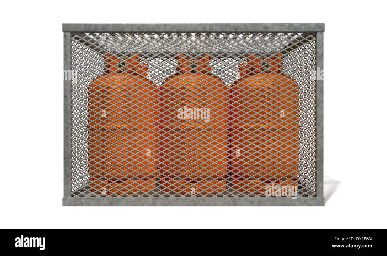 A rectangular steel cage covered in diamond mesh wiring with orange gas ...