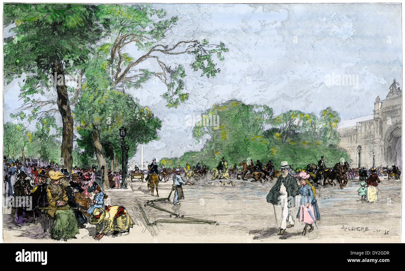 Summer afternoon on the Avenue des Champs Elysees, Paris, 1890s. Hand ...