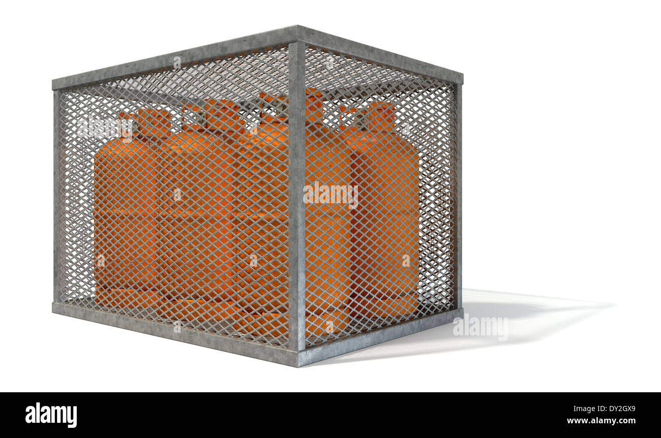 A rectangular steel cage covered in diamond mesh wiring with orange gas ...