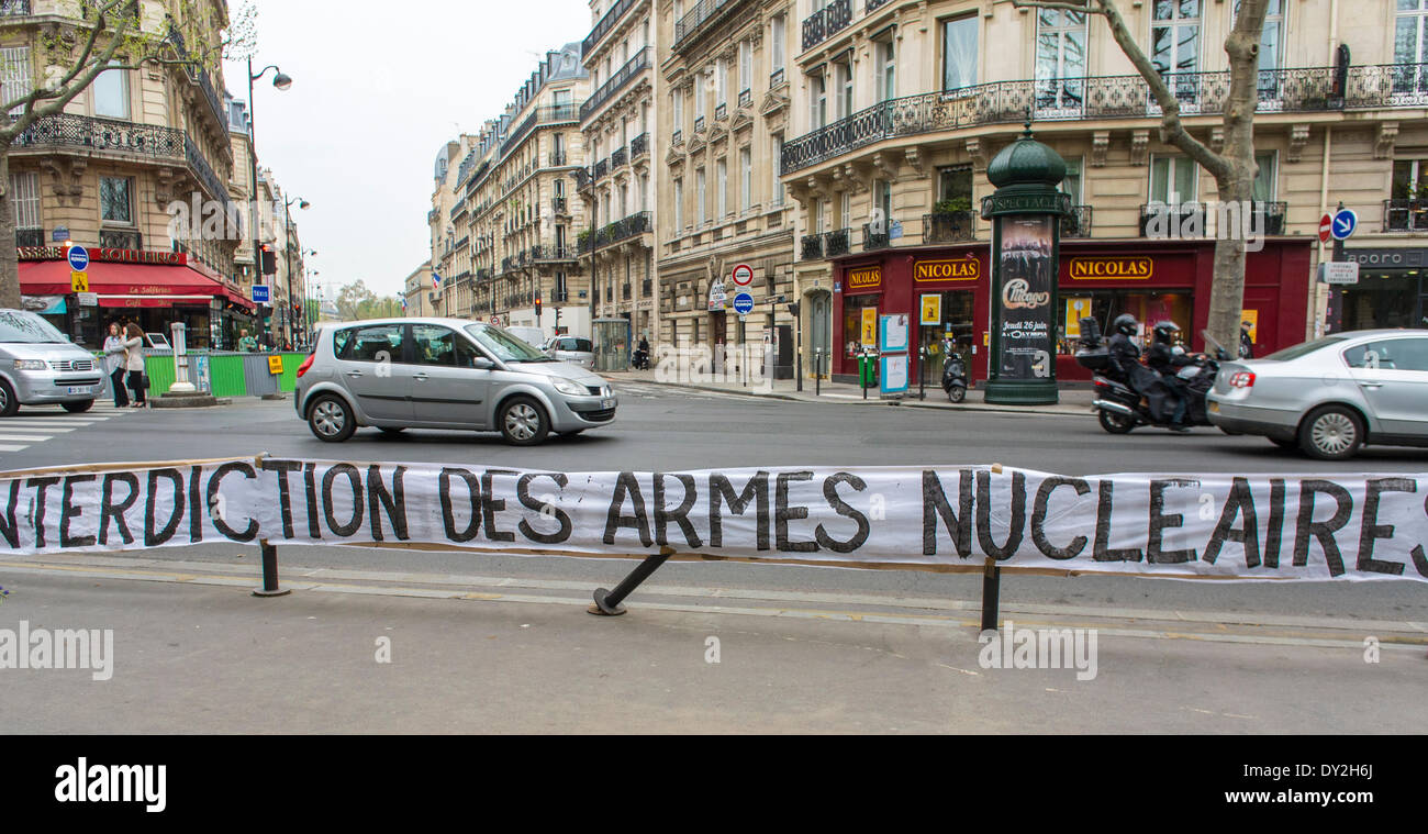 Paris, France, Street Scene, with Protest Banner, Local Anti-Nuclear ...