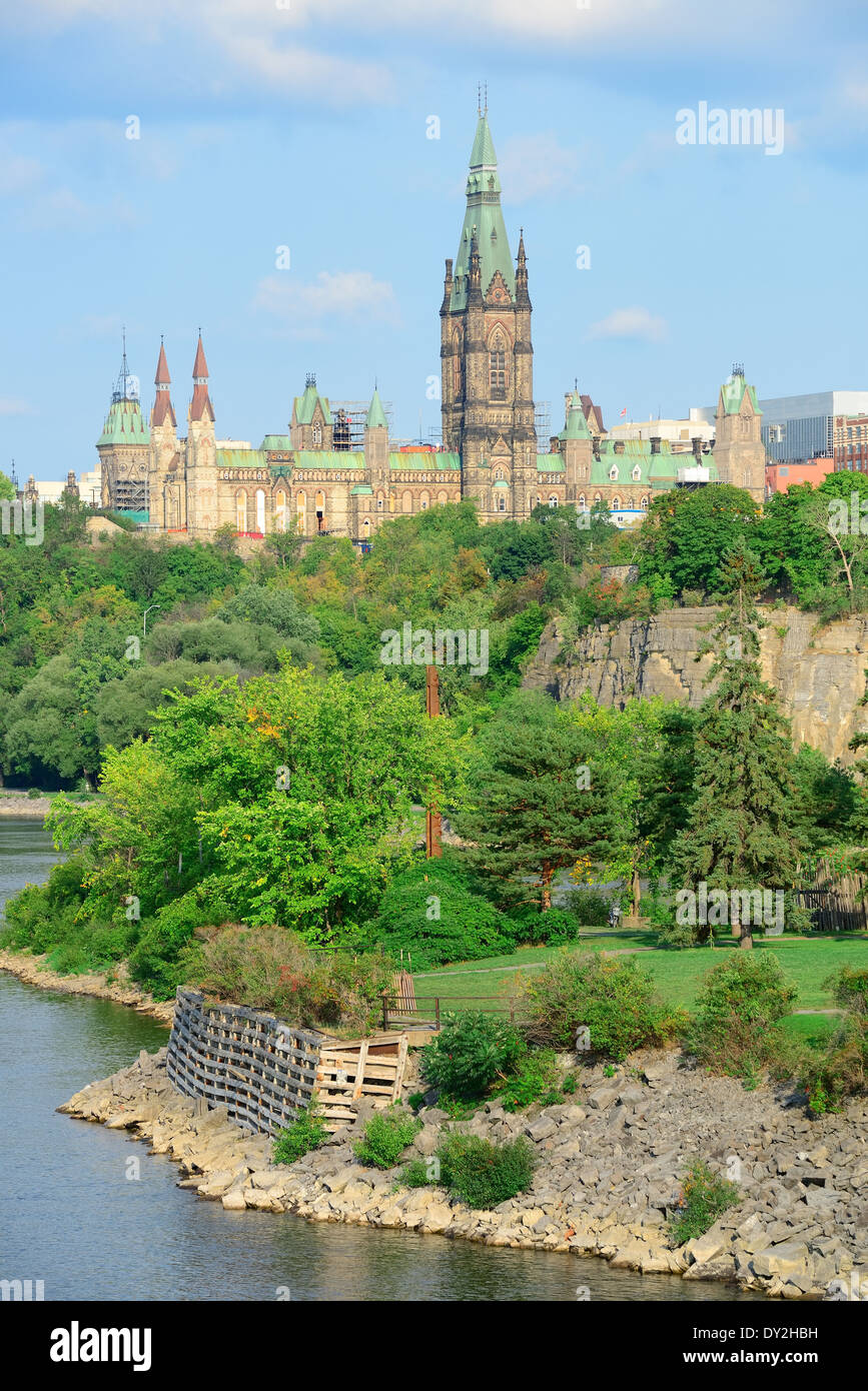 Ottawa cityscape in the day over river with historical architecture ...
