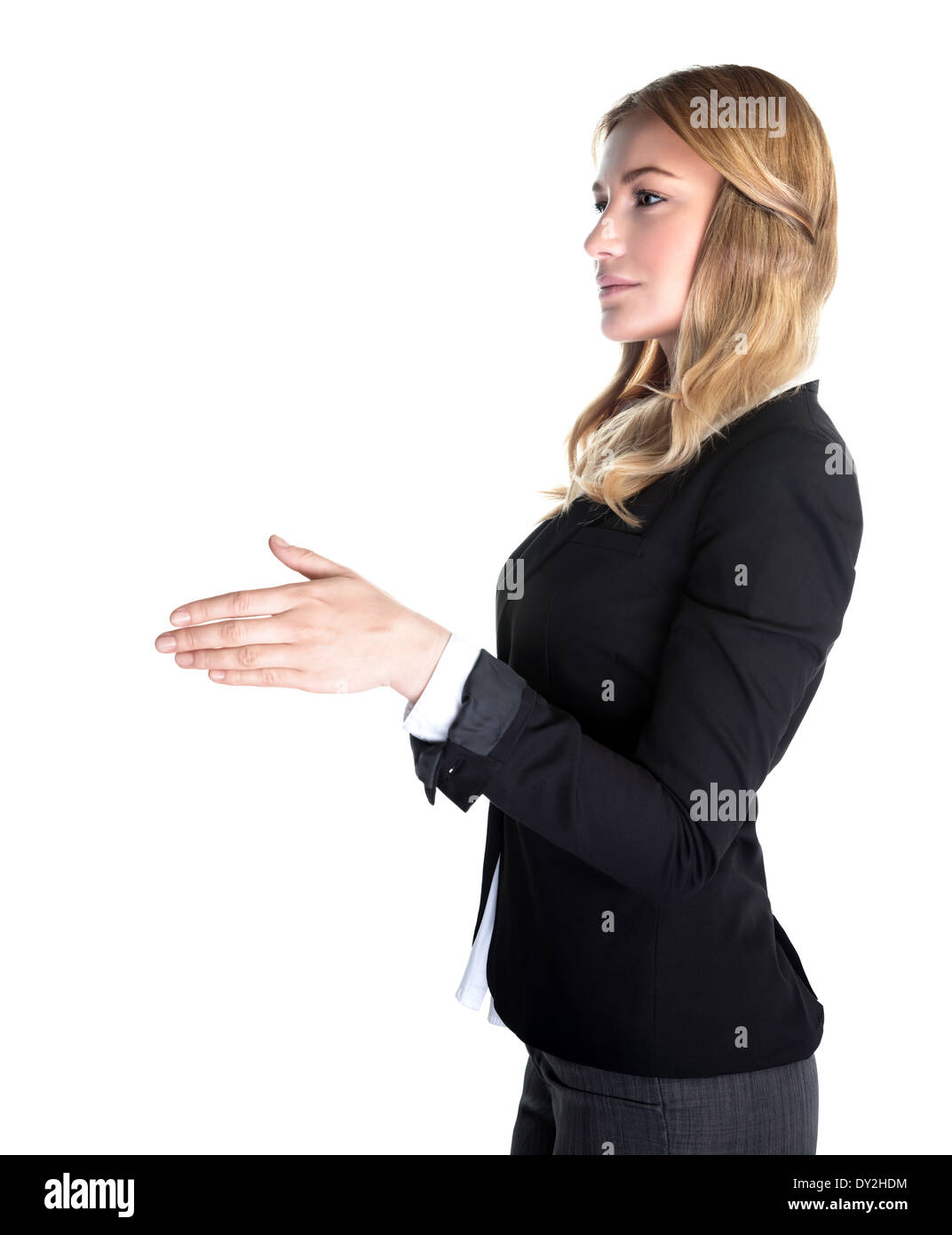 Portrait of attractive business lady stretches out her hand for a ...