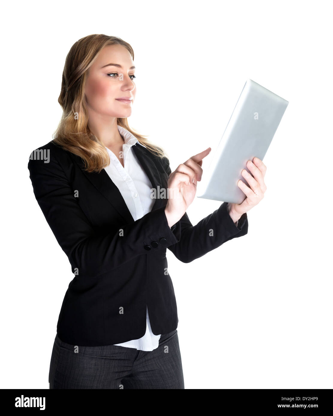 Business woman working with tablet isolated on white background, modern ...