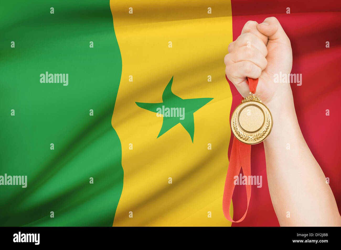 Sportsman holding gold medal with flag on background - Republic of ...