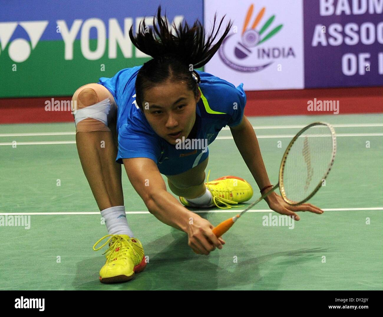 New Delhi, India. 4th Apr, 2014. Wang Yihan of China hits a return ...