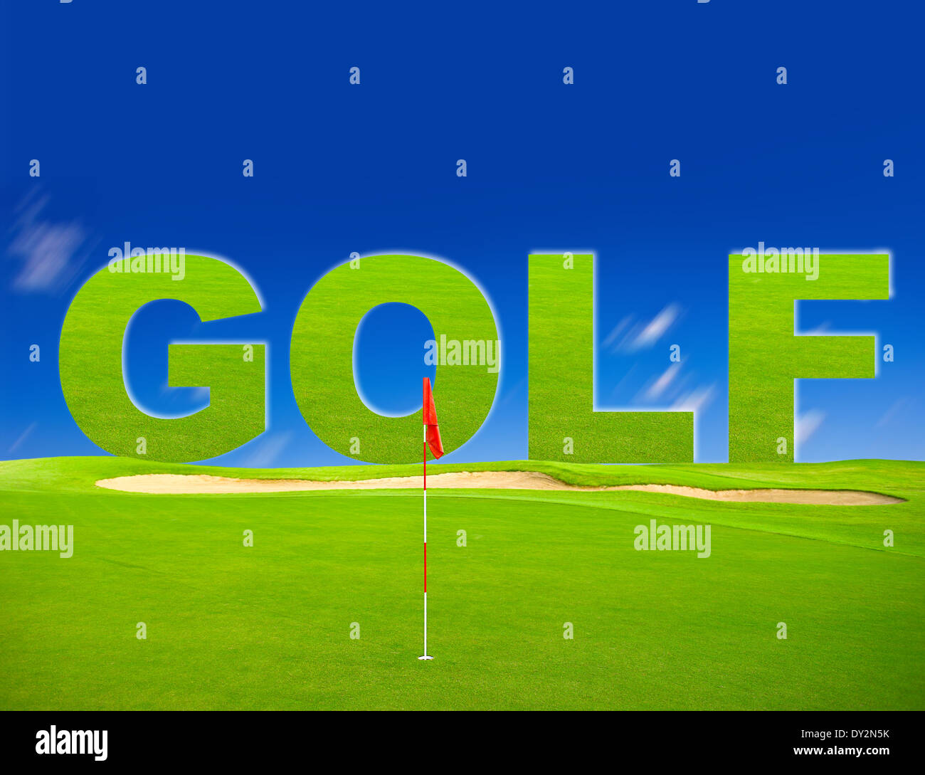 green golf field with blue sky background Stock Photo - Alamy