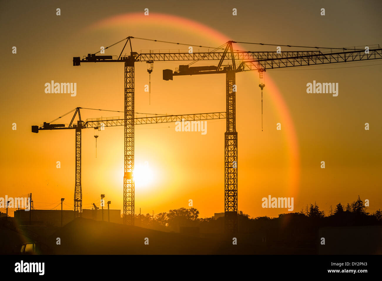 Construction cranes with sunset background Stock Photo - Alamy