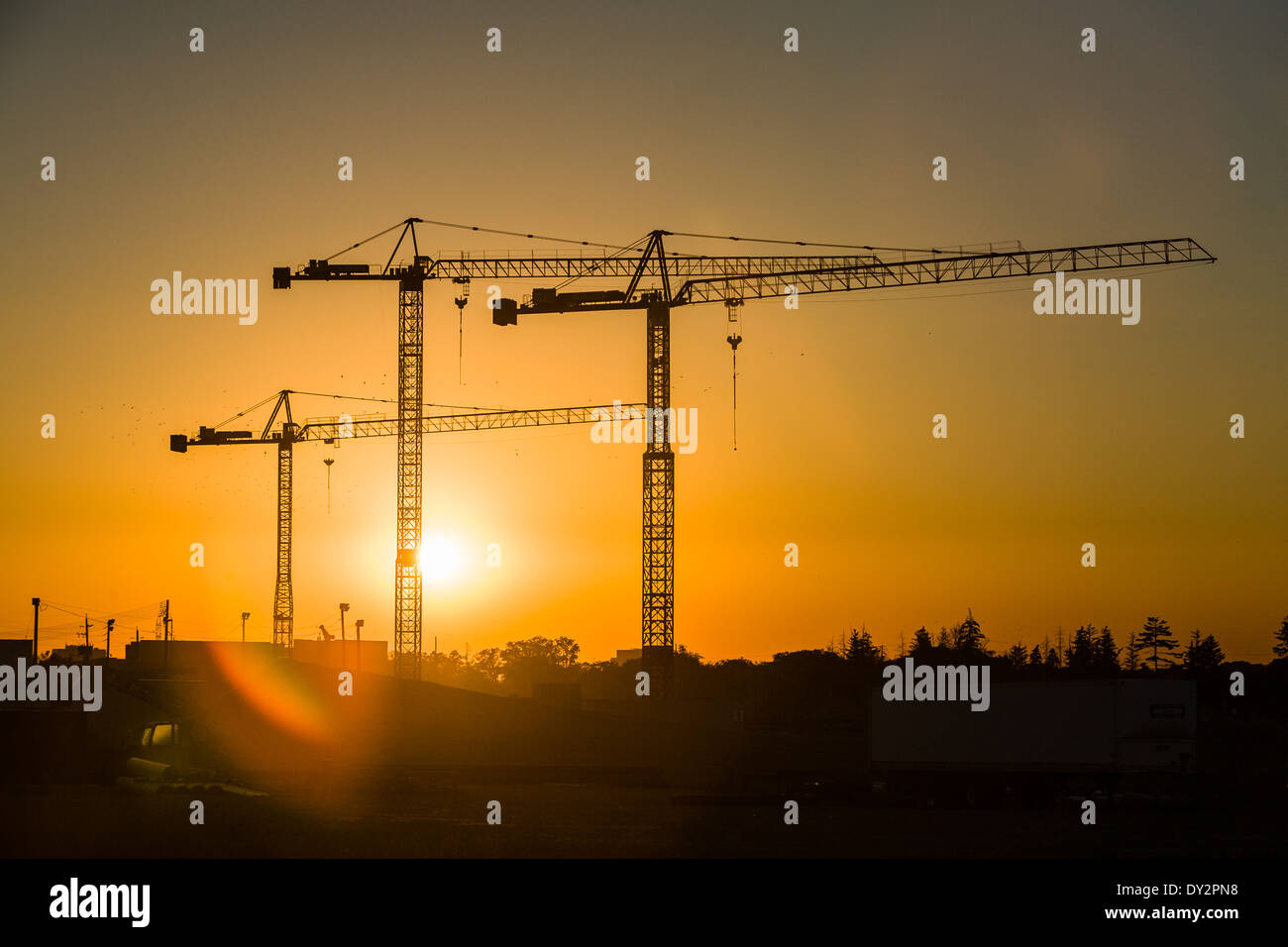 Construction cranes with sunset background Stock Photo - Alamy