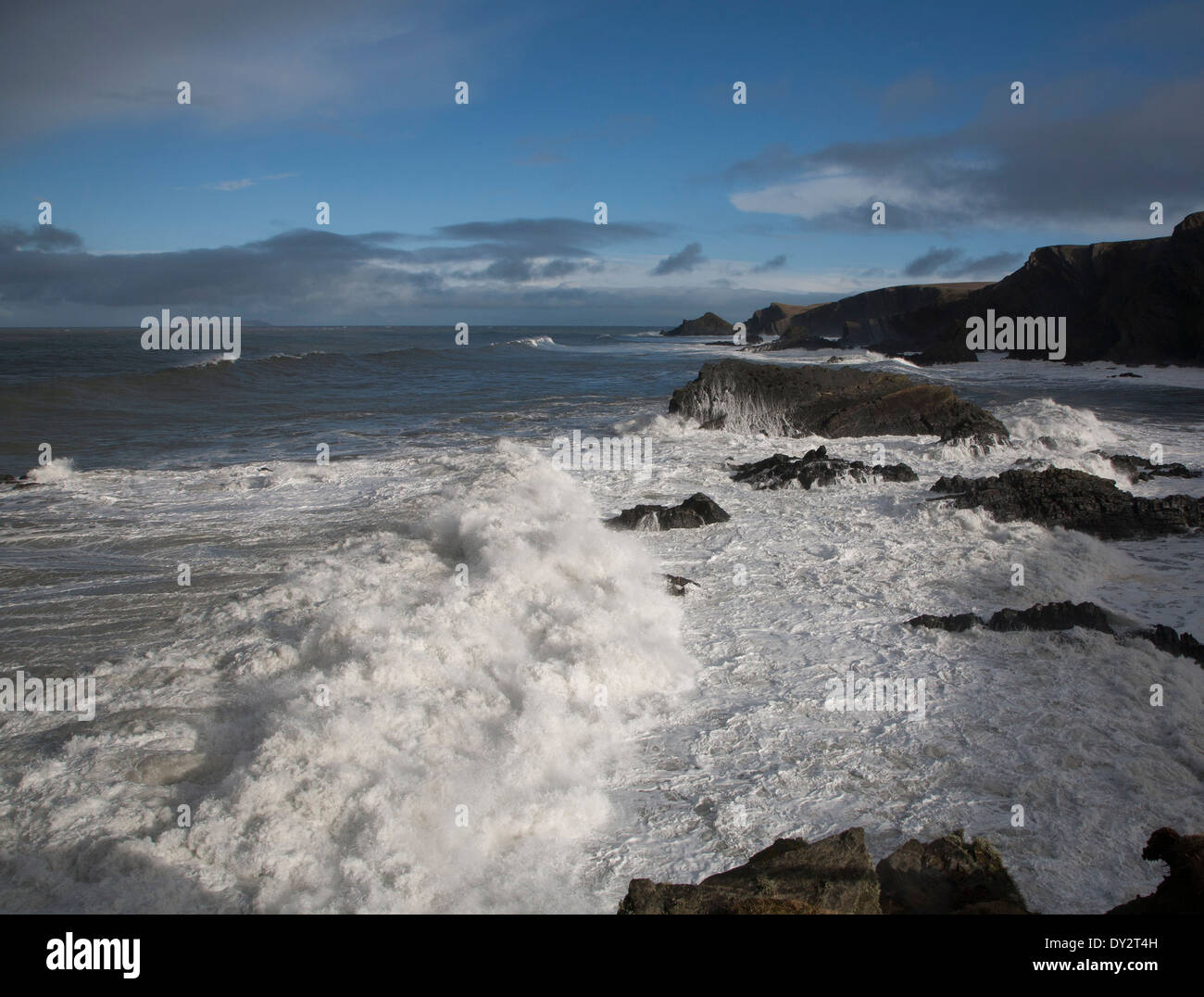 Large Atlantic storm waves crashing onto jagged rocky coast at Hartland ...