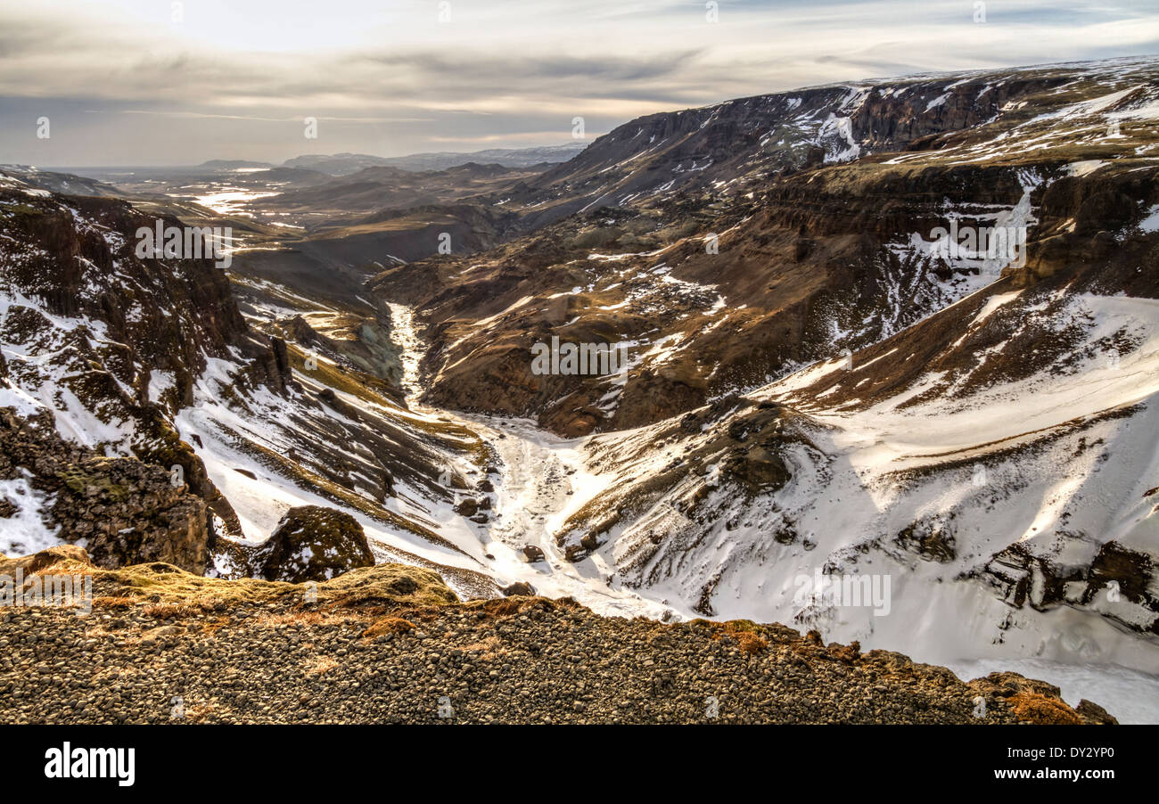 A frozen gorge in the Fossa River valley in central Iceland in Winter ...