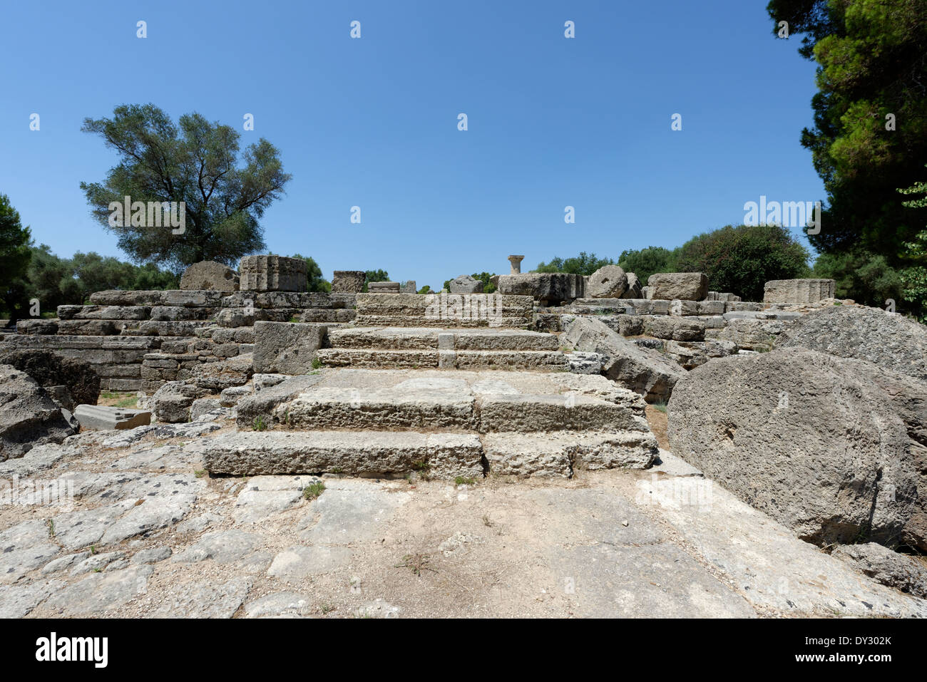View entrance steps ruins great 5th century BC Temple Zeus Ancient Olympia Peloponnese Greece ...