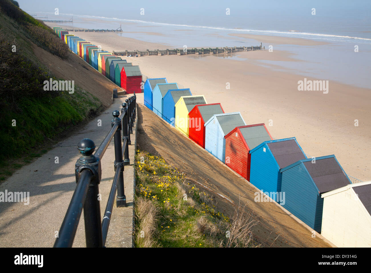 Colourful beach huts, wide sandy beach and sea, Mundesley, Norfolk ...