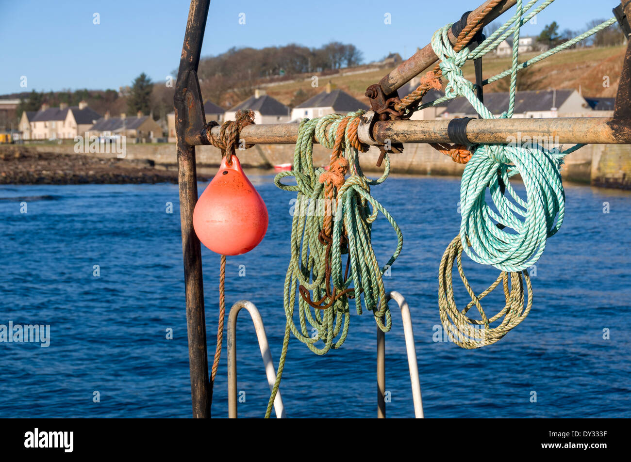 Fishing float and ropes at Dunbeath harbour, Caithness, Scotland, UK ...