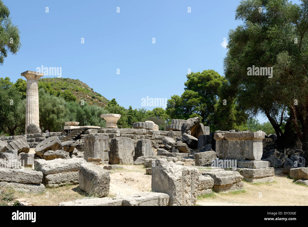 Toppled ruins lone standing Doric column 5th century BC Temple Zeus ...