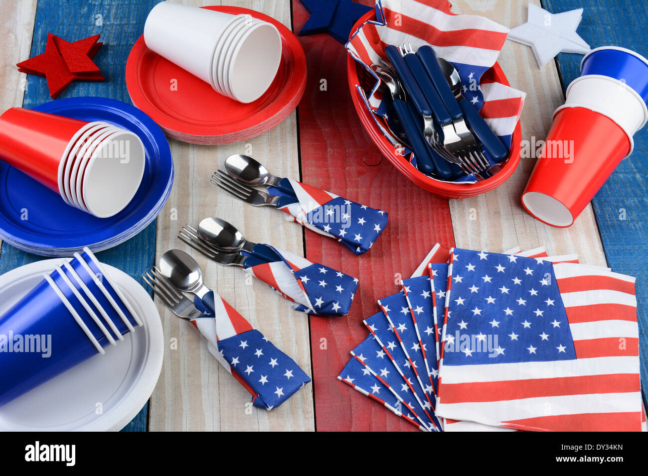 High angle photo of a picnic table setting for a Fourth of July party ...