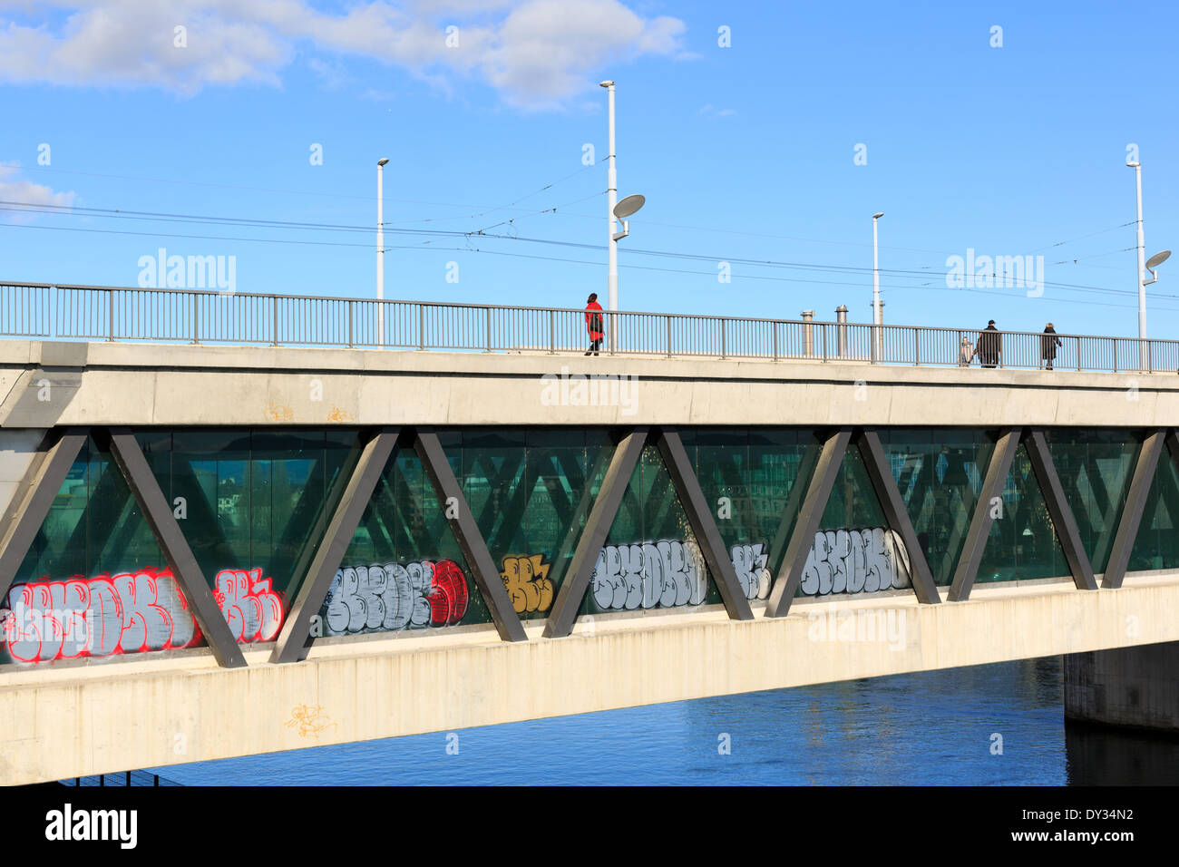 A photograph of the Dreirosenbrücke (Three Roses Bridge) on the Rhine ...