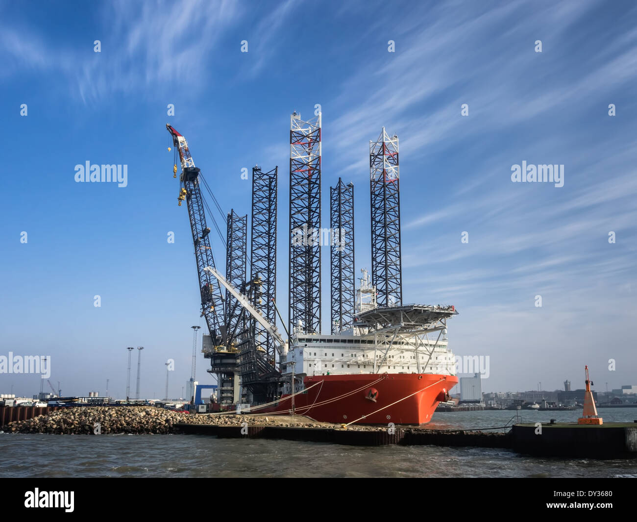 Jack up rig with six legs in Esbjerg oil harbor, Denmark Stock Photo ...