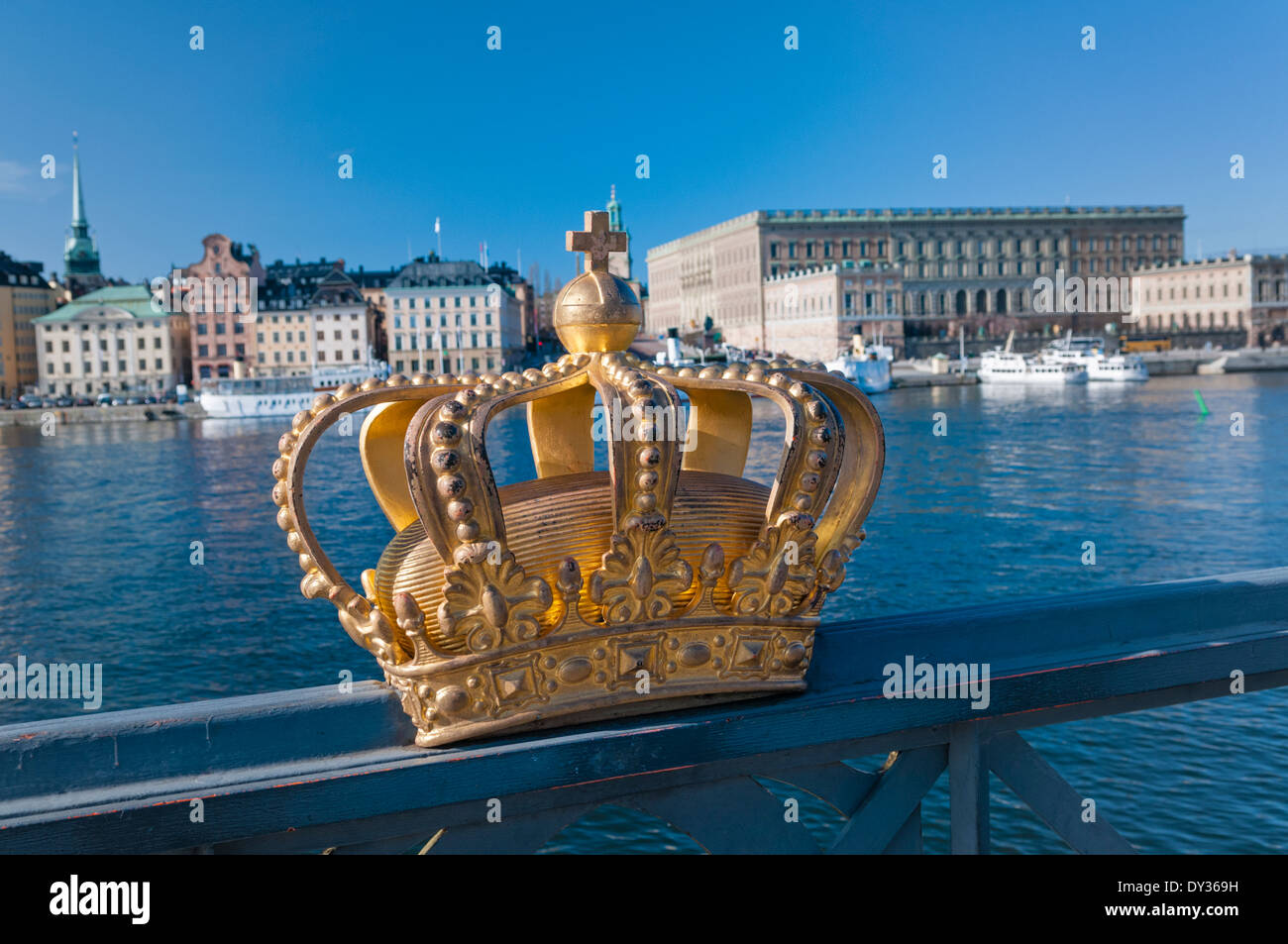 Stockholm Harbour Crown on bridge. Gamla Stan in background. Sweden ...