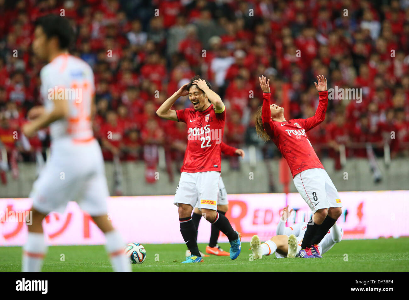 Saitama Stadium 2002, Saitama, Japan. 2nd Apr, 2014. (L to R) Yuki Abe, Yosuke Kashiwagi (Reds ...