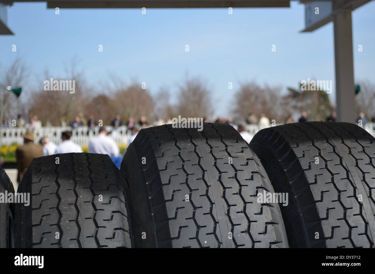 Racetrack pit lane with tires ready to be fitted to the race cars Stock ...