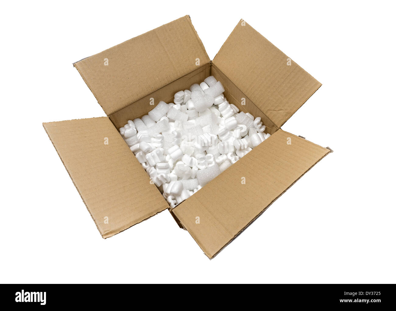 Fill packaging peanuts and bubble pack in a cardboard box, isolated on ...
