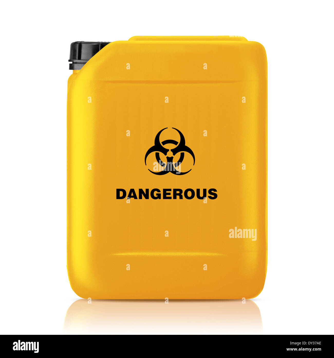 Yellow plastic gallon, jerry can with dangerous sign isolated on a ...