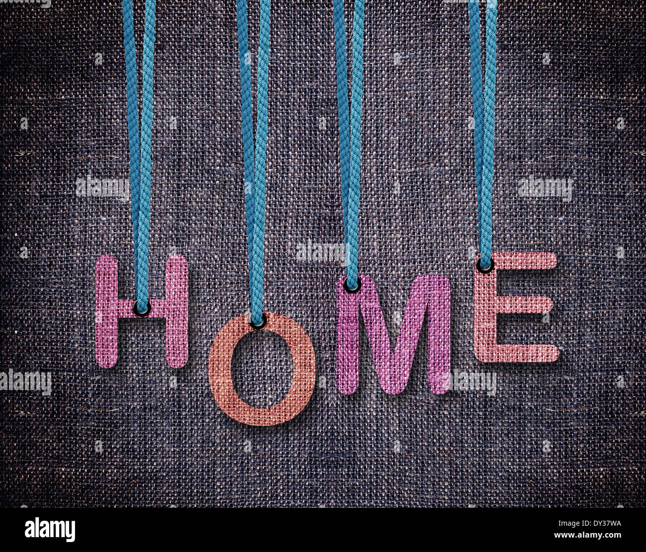 Home Letters hanging strings with blue sackcloth background Stock Photo ...