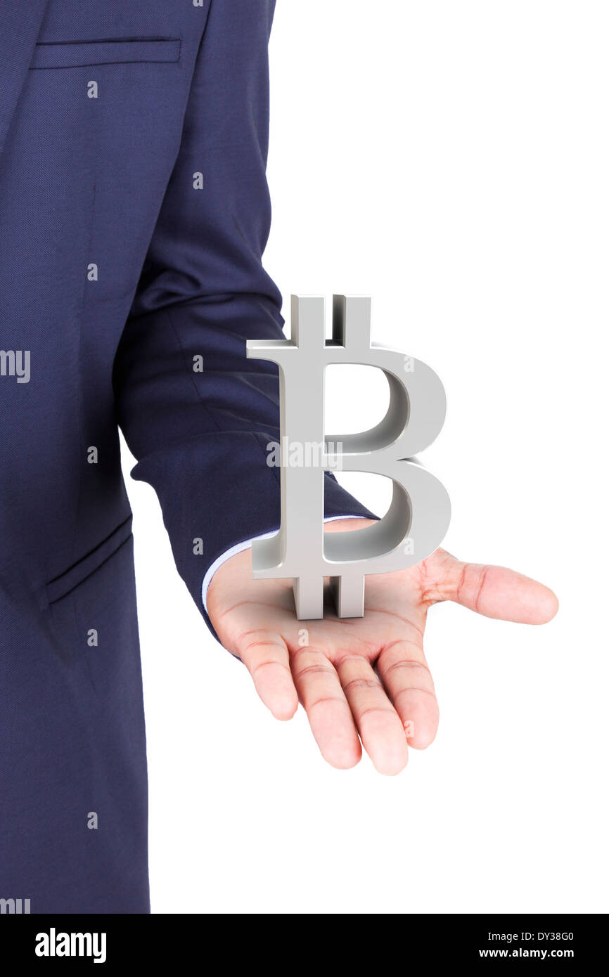 Business man holding bitcoin currency symbol, isolated on white ...