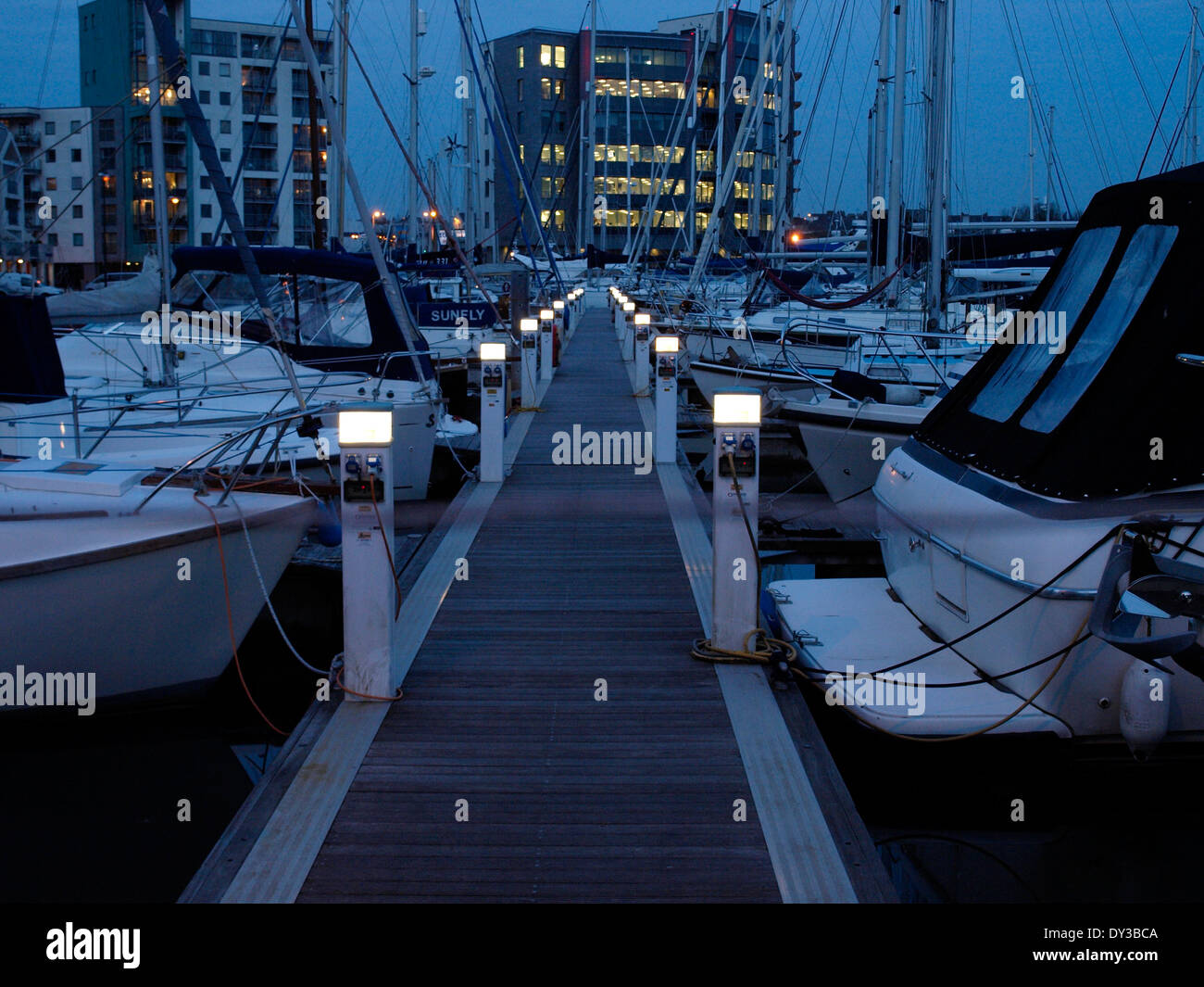 Marina pontoon at night, Plymouth, Devon, UK Stock Photo - Alamy