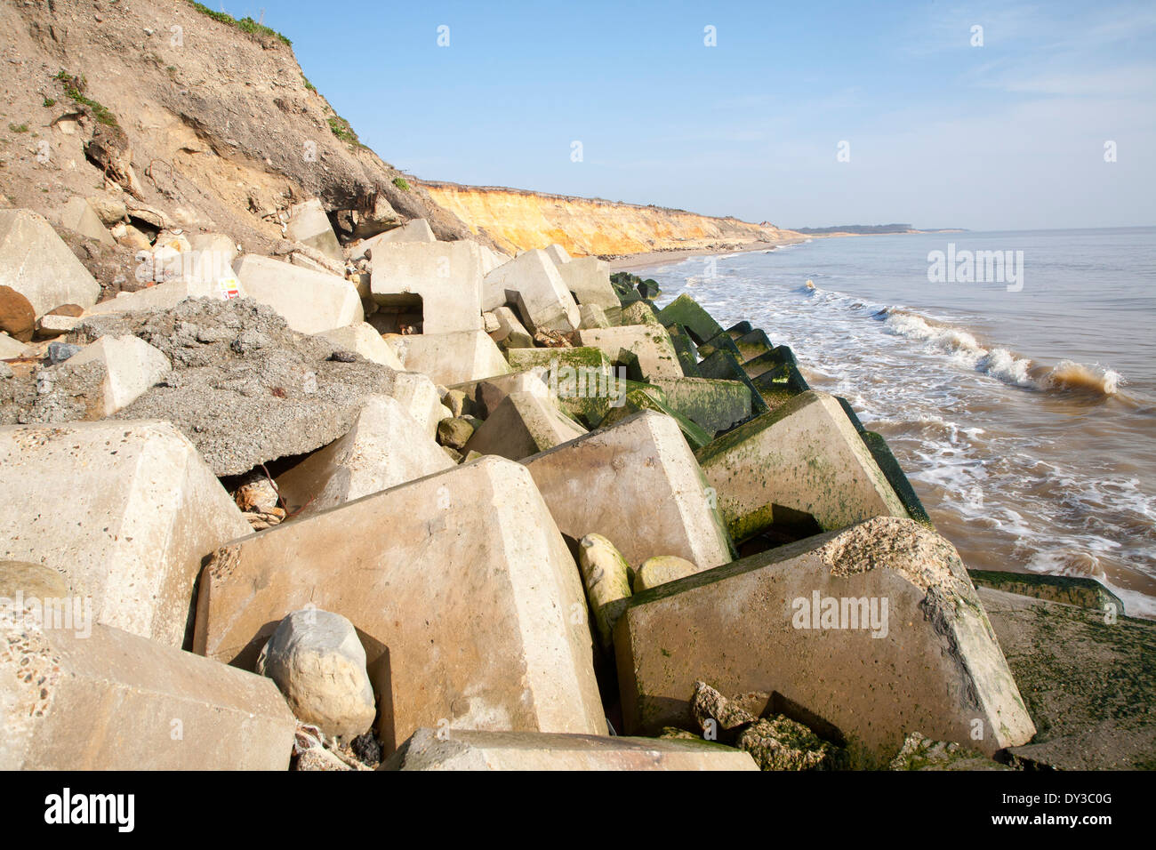 Concrete rectangular blocks protecting soft cliffs coastal defences at ...