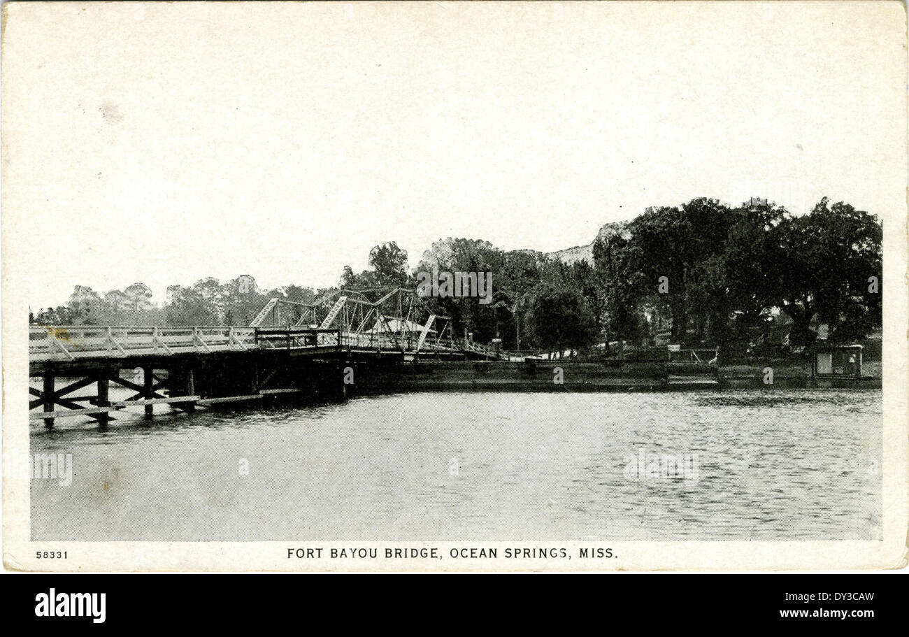 A historic postcard showing the Fort Bayou Bridge in Ocean Springs ...
