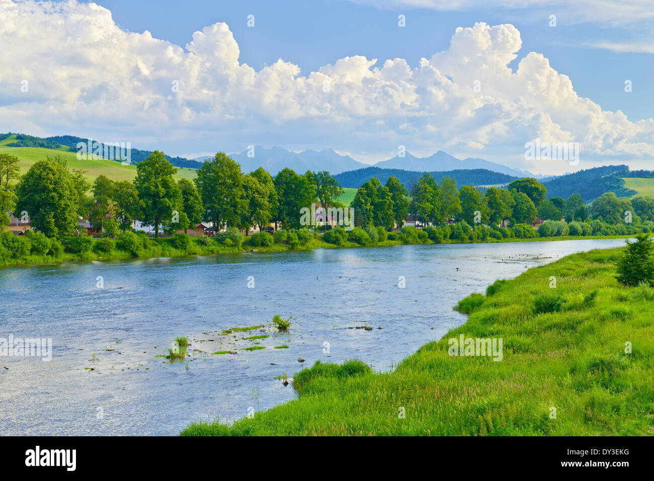 Spring landscape with Tatra Mountains over The Dunajec River. Poland ...