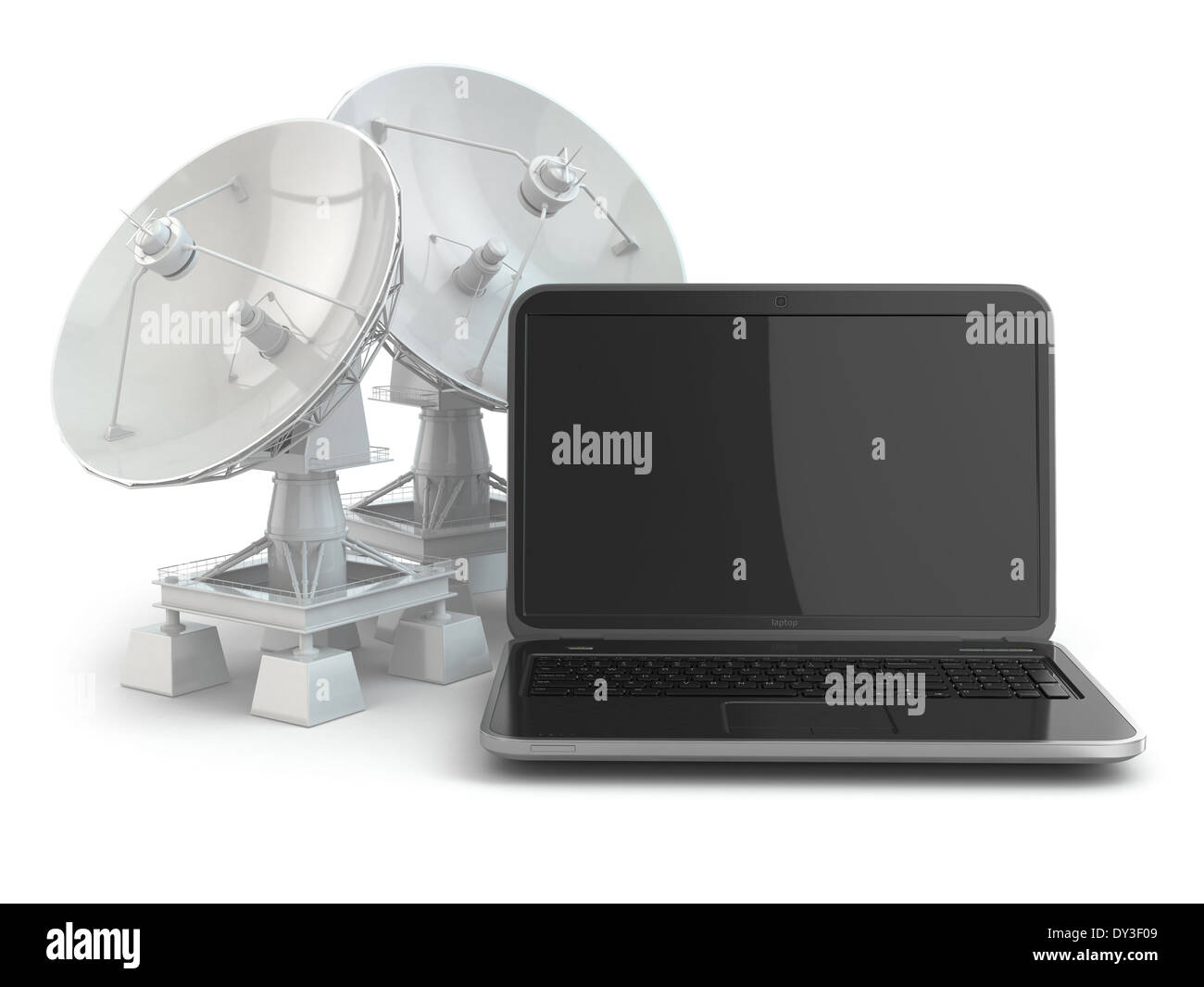 Wireless internet concept. Laptop and satellite dish. 3d Stock Photo ...