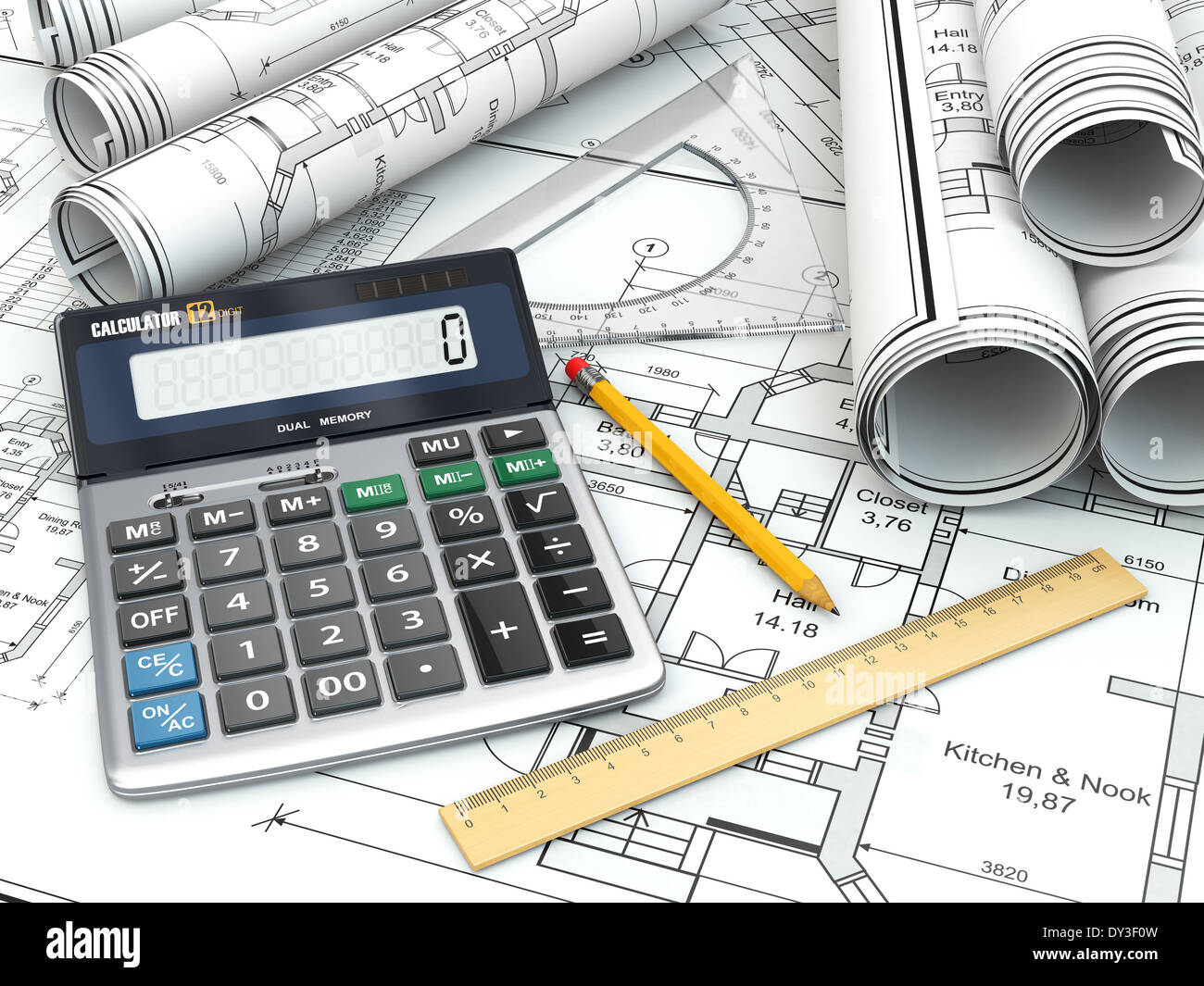 Concept of drawing. Blueprints, drafting tools and calculator. 3d Stock ...