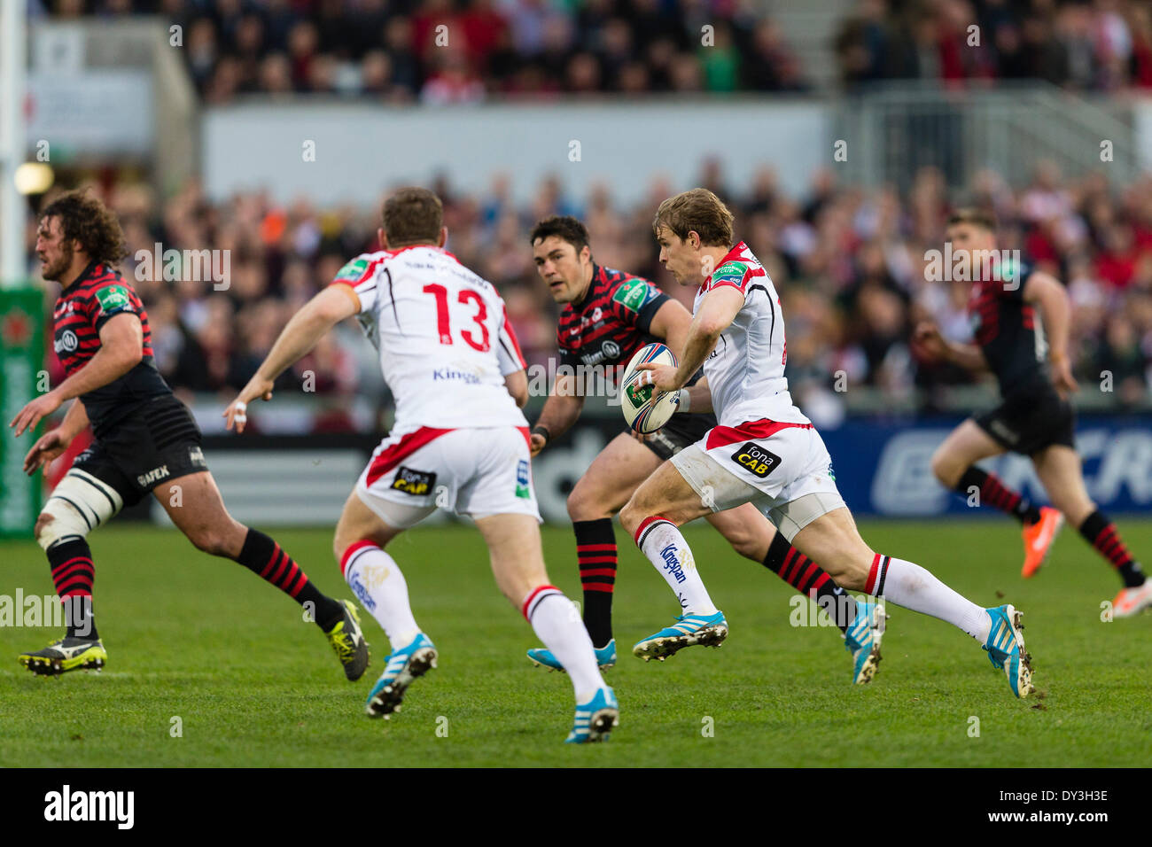 Belfast, N.Ireland. 05th Apr, 2014.Ulster winger Andrew TRIMBLE makes a ...