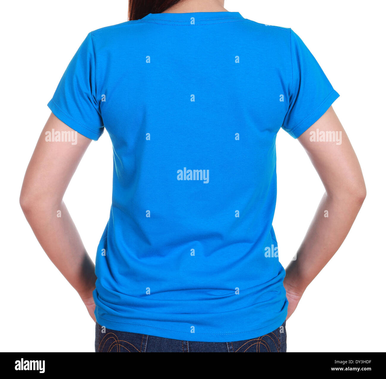 close-up female with blue blank t-shirt (back side) isolated on white ...