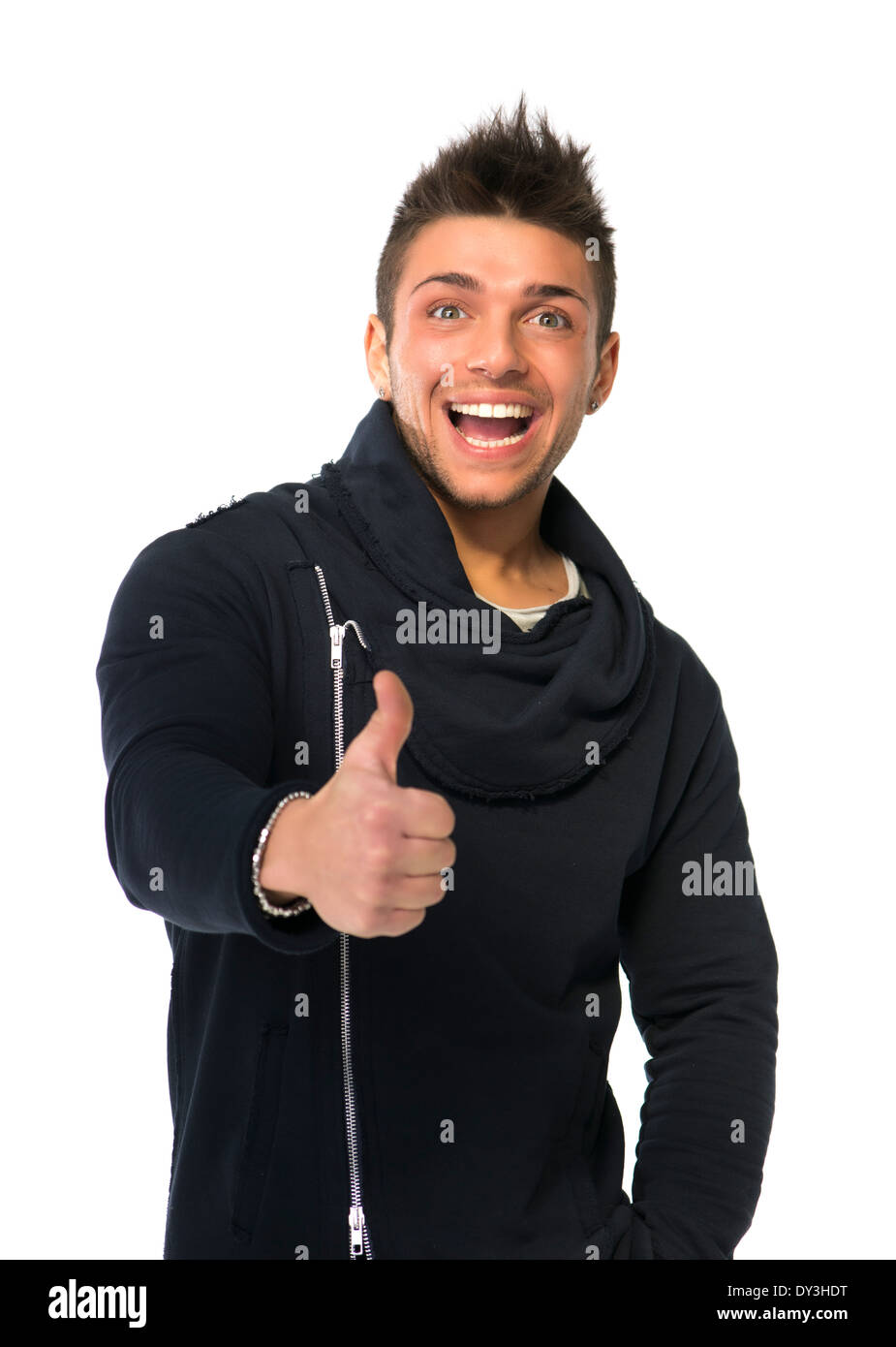 Attractive happy young man smiling, doing thumb up sign with his hand ...