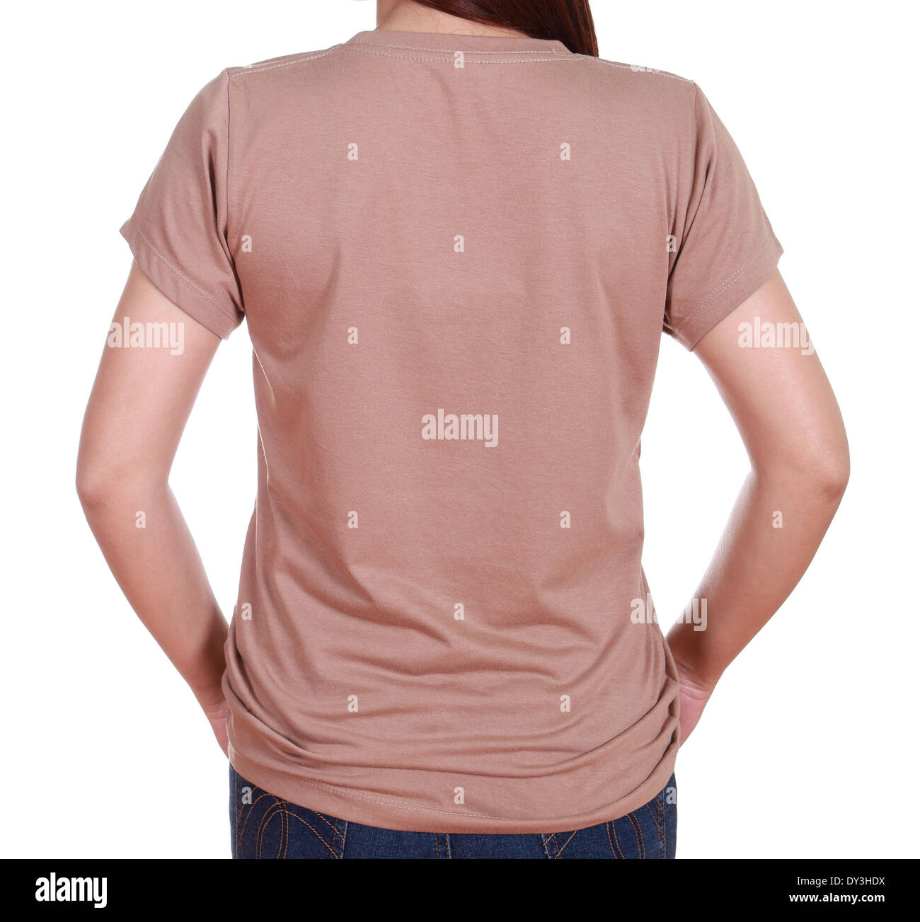 close-up female with brown blank t-shirt (back side) isolated on white ...