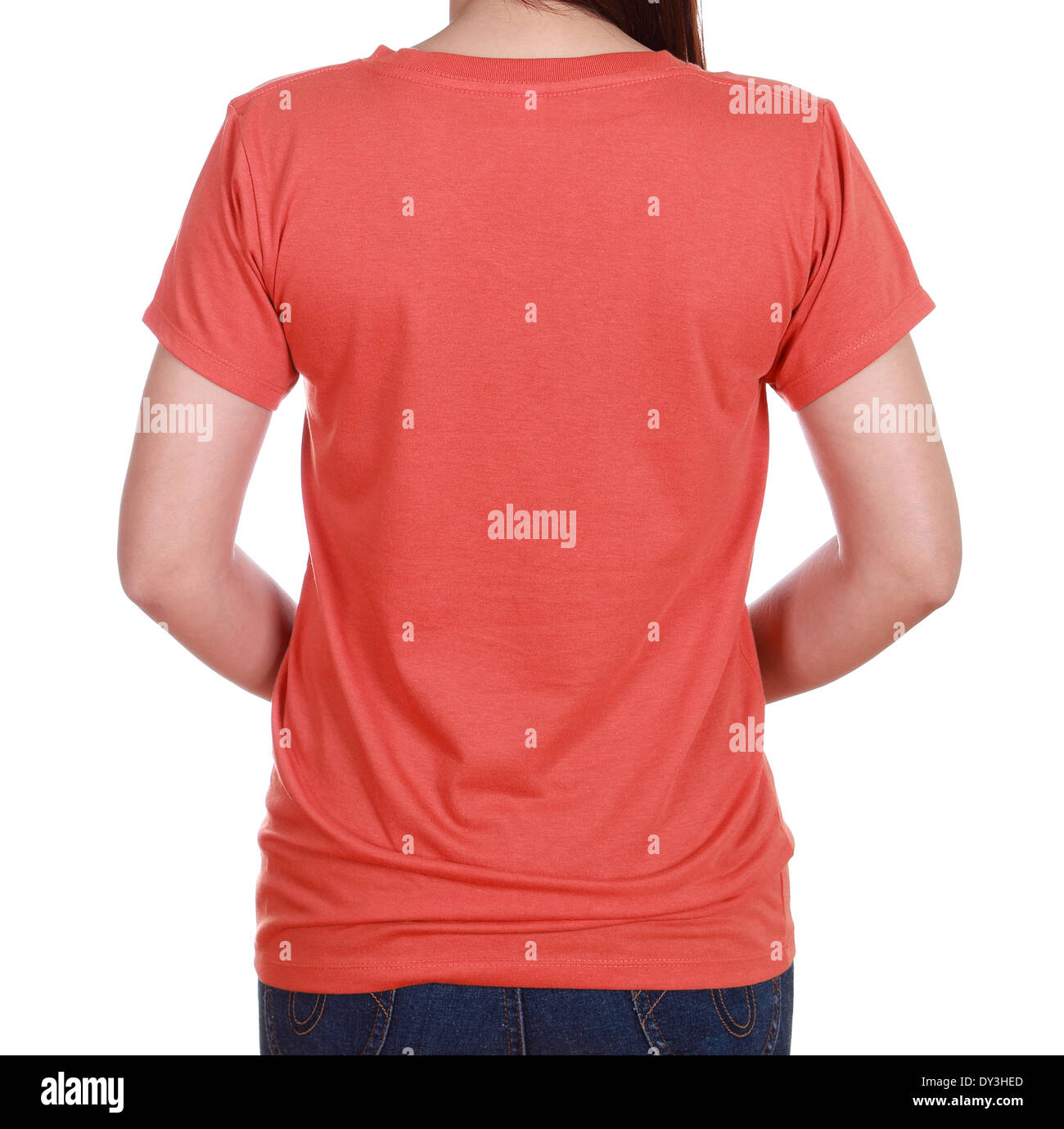 close-up female with red blank t-shirt (back side) isolated on white ...