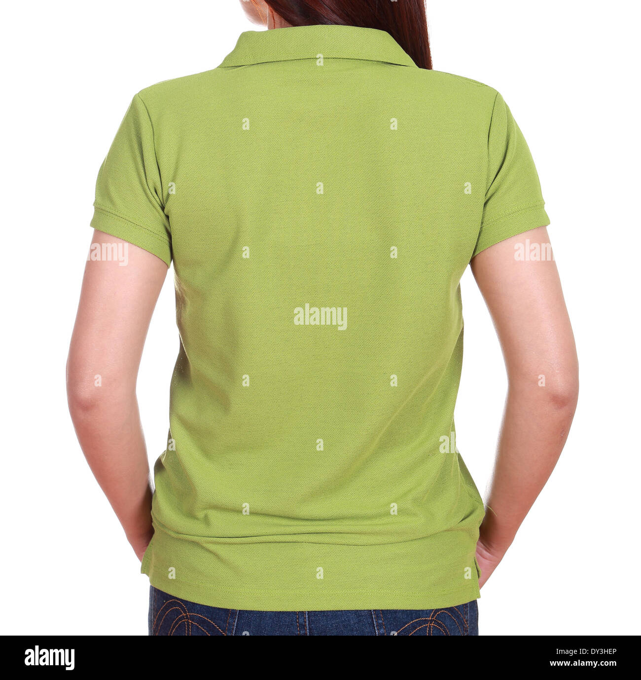 close-up female with blank green polo shirt (back side) isolated on ...