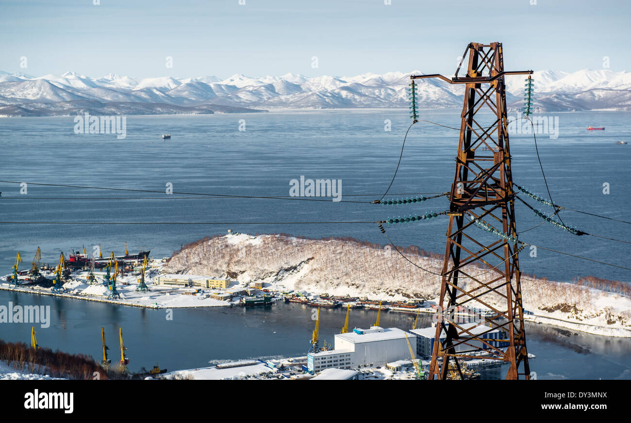 View of Avacha Bay and power line Stock Photo - Alamy