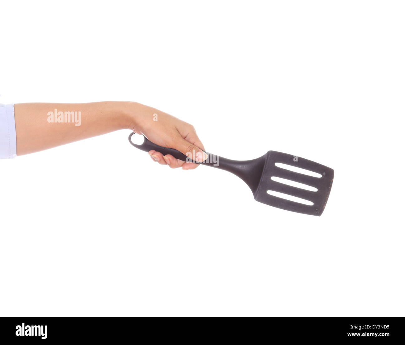 woman hand holding a kitchen spatula isolated on white background Stock ...