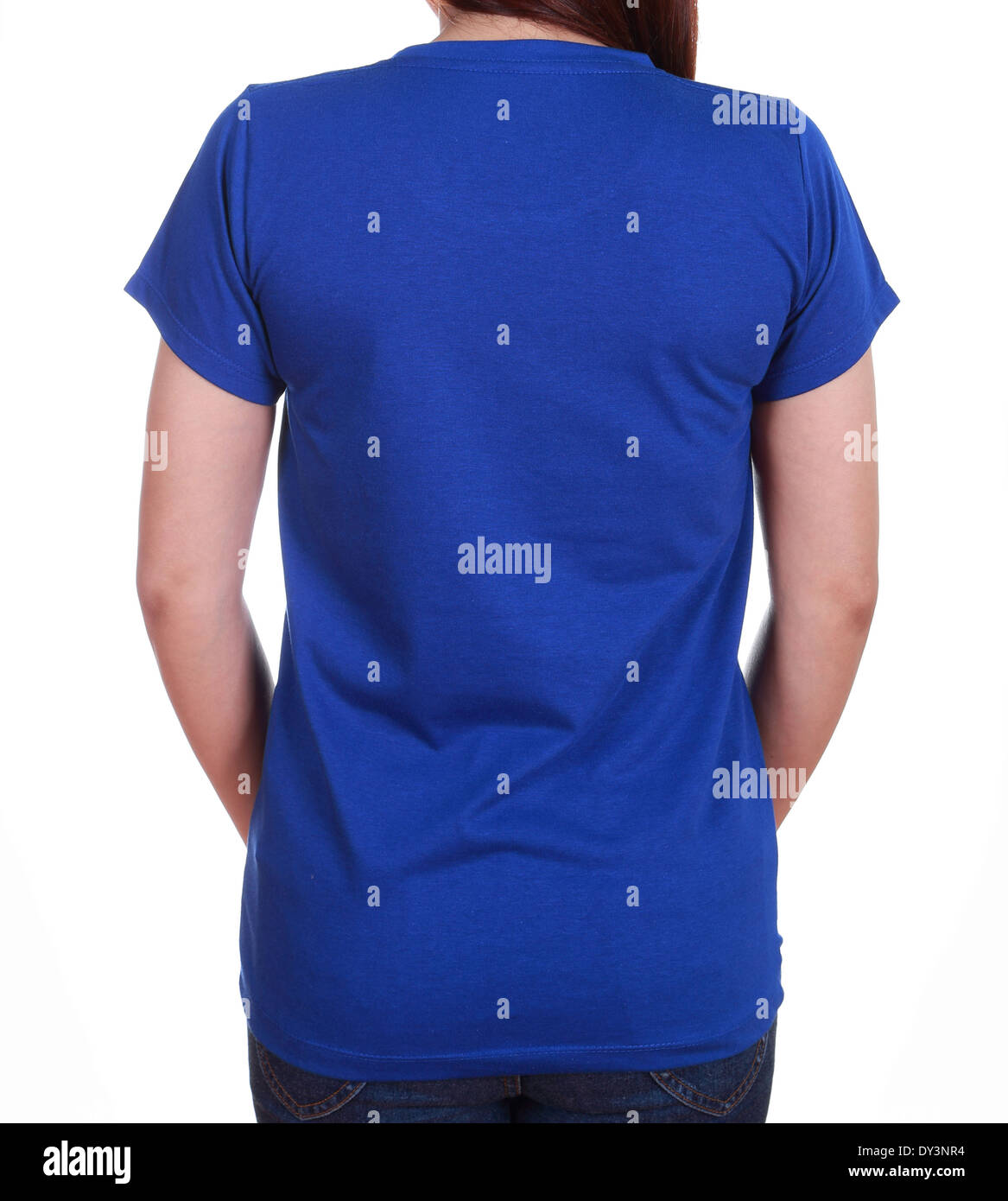 close-up female with blue blank t-shirt (back side) isolated on white ...