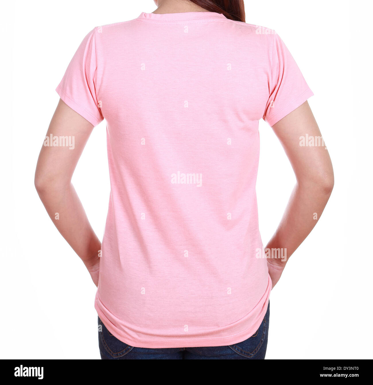 close-up female with pink blank t-shirt (back side) isolated on white ...