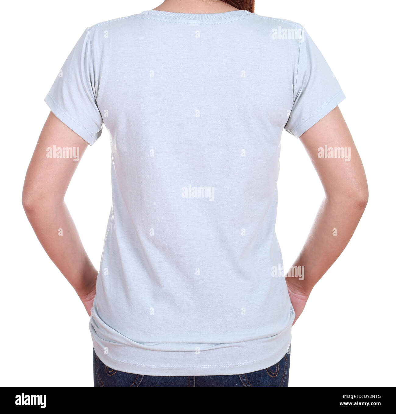 close-up female with gray blank t-shirt (back side) isolated on white ...